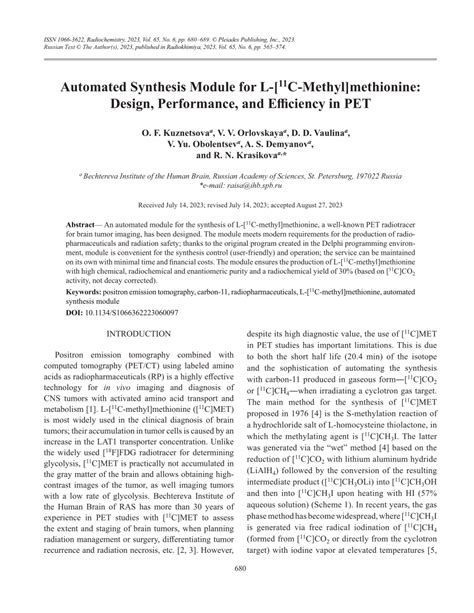 Pdf Automated Synthesis Module For L [11С Methyl]methionine Design Performance And