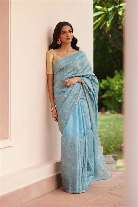 Taneira Showroom For Blue Pure Silk Cotton Chikankari Embroidery Saree