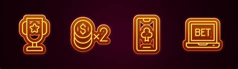 세트 라인 카지노 포커 트로피 컵 달러와 칩 온라인 테이블 게임 및 스포츠 베팅 빛나는 네온 아이콘입니다 벡터 0명에 대한 스톡