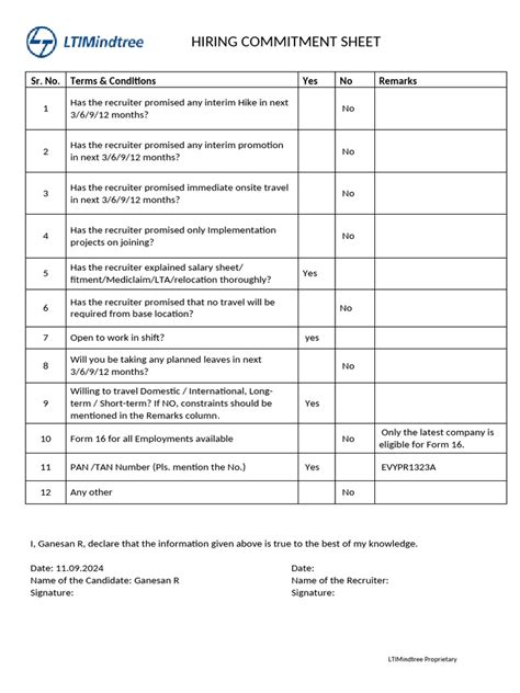 Hiring Commitment Sheet Pdf