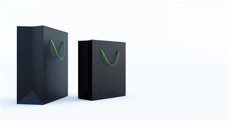 녹색 핸들 로프가있는 블랙 페이퍼 백 템플릿의 3d 렌더링 흰색 배경에 격리 3차원 형태에 대한 스톡 사진 및 기타 이미지 3차원 형태 가방 공란 Istock