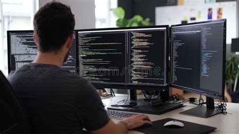 ultra realistic image of a software engineer debugging code on multiple