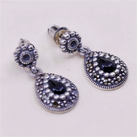 Vintage Sterling Silver Handmade Earrings 925 Drops With Obsidian And