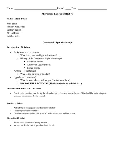 Microscope Lab Report Rubric Biology High School