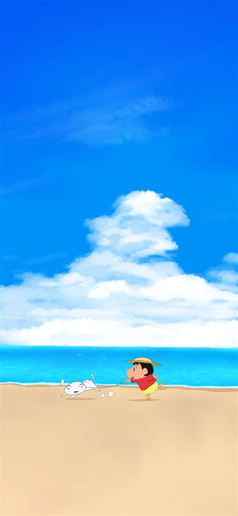 可爱小新戴草帽在海边沙滩与小白快乐嬉戏壁纸 手机壁纸｜蜡笔小新高清壁纸表情包图片动图 求表情网 斗图从此不求人