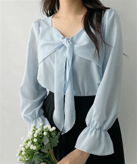 11할인 멜른 리본 타이 긴팔 쉬폰 블라우스 봄 여름 가을 퍼프 여리핏 청순 셔링 프릴 러블리 로맨틱 데이트룩 여친룩 나들이룩 하객룩 에이블리