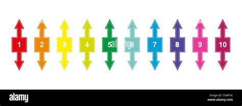 Set Of Colored Numbered Squares With Numbers From 1 To 10 With Up And