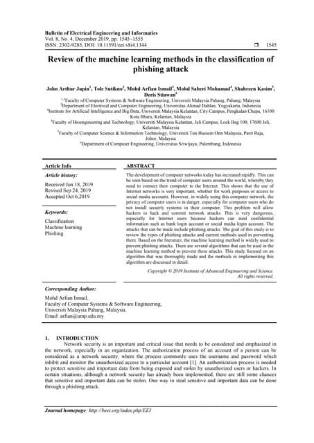 Review Of The Machine Learning Methods In The Classification Of Phishing Attack Pdf
