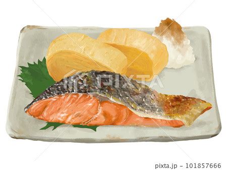 リアルな焼き鮭と卵焼き皿・大根おろし・大葉のイラスト素材 101857666 Pixta
