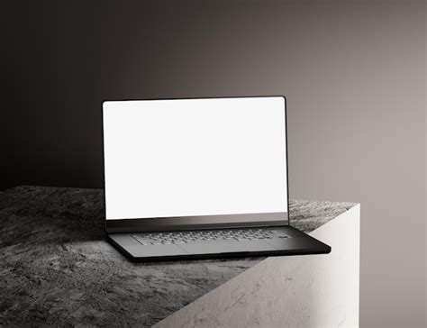 현실적인 빛과 그림자 어두운 장면 3d 렌더링을 사용하여 현실적인 노트북 모형 흰색 빈 화면 프리미엄 사진