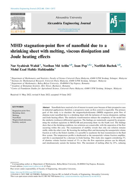 Pdf Mhd Stagnation Point Flow Of Nanofluid Due To A Shrinking Sheet