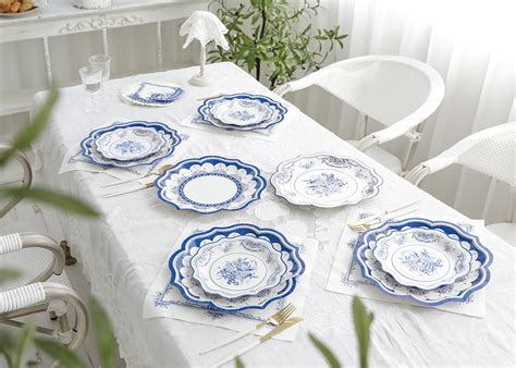 프렌치 블루 가든 고급 일회용 파티 디너 테이블 접시 그릇 식기 냅킨 식탁보 세트 홈파티 생일 용품