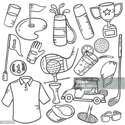 골프 스포츠 컨셉 낙서 핸드 그린 세트 컬렉션 윤곽선 흑백 스타일 골프에 대한 스톡 벡터 아트 및 기타 이미지 골프 아이콘 낙서 드로잉 Istock