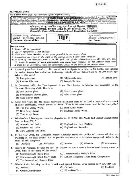 2021 Gce Al Common General Test English Medium Pdf