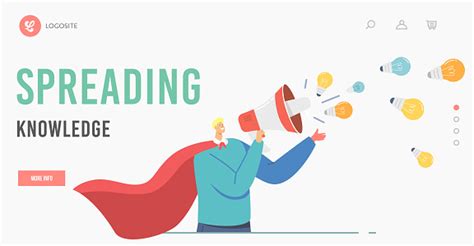 캐릭터 스프레드 지식 및 아이디어 랜딩 페이지 템플릿 라우드 스피커와 램프가 날아와 슈퍼 히어로 망토의 남자 개념에 대한 스톡