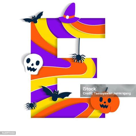 해피 할로윈 전자 알파벳 파티 글꼴 타이포그래피 캐릭터 만화 화려한 3d 레이어 종이 컷 아웃 유형 디자인 축하 벡터 일러스트 레이 션 해골 호박 박쥐 마녀 모자 스파이더