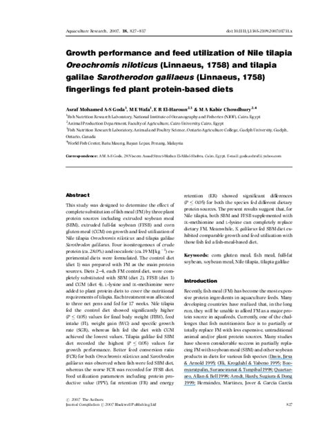 Pdf Growth Performance And Feed Utilization Of Nile Tilapia Oreochromis Niloticus Linnaeus