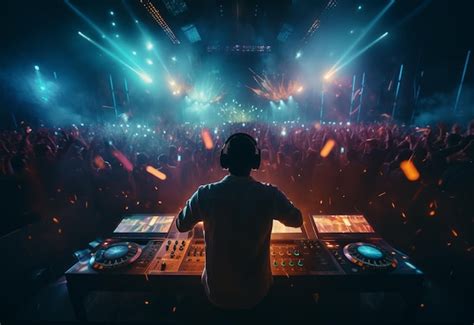 야간 Edm 댄스 음악 클럽에서 군중과 함께 나이트클럽 파티에서 Dj가 음악을 연주하고 믹싱 프리미엄 사진