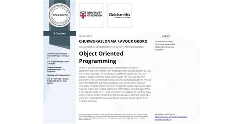 Completion Certificate For Object Oriented Programming Kaelo Okoro
