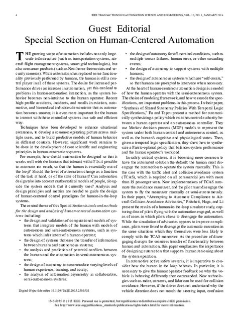 Pdf Guest Editorial Special Section On Human Centered Automation