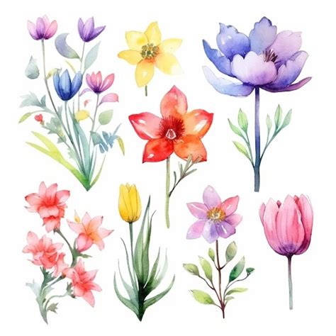 Premium Photo A Set Of Watercolor Flowers And Tulips