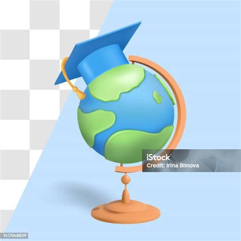만화 지구 지구본과 대학 모자 흰색 배경에 고립 된 기지에 세계지도가있는 행성 지구 모델 3d 렌더링 0명에 대한 스톡 벡터 아트 및 기타 이미지 Istock