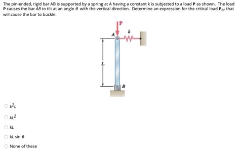 Solved The Pin Ended Rigid Bar Ab Is Supported By A Spring