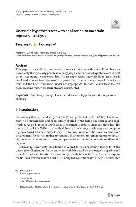 Uncertain Hypothesis Test With Application To Uncertain Regression Analysis Request Pdf