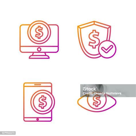 달러와 라인 눈을 설정 달러와 태블릿 달러와 컴퓨터 모니터와 달러와 방패 그라데이션 색상 아이콘입니다 벡터 가공의 인물에 대한 스톡 벡터 아트 및 기타 이미지 Istock