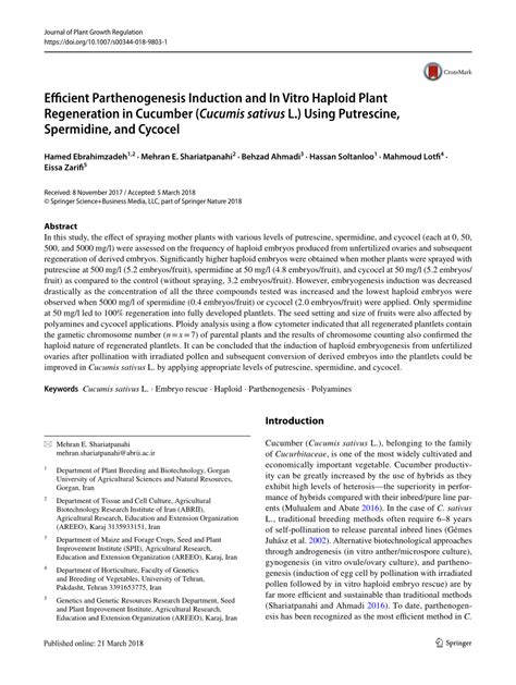 Pdf Efficient Parthenogenesis Induction And In Vitro Haploid Plant Regeneration In Cucumber