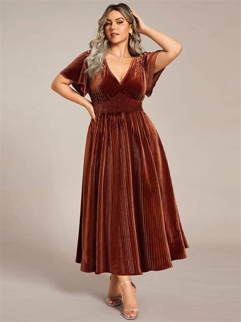 Elegant Plus Size Velvet Wedding Guest Dress A Line V Neck Ever