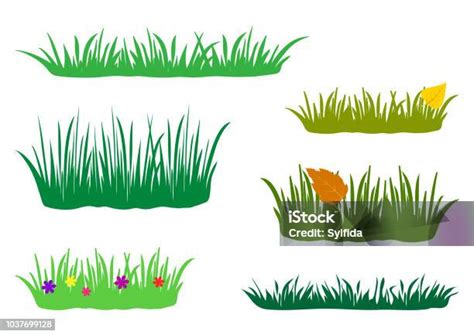 봄 여름 가 잔디의 파편입니다 자연의 디자인 요소 집합입니다 설정 흰색 배경에 고립 된 편평한 색깔 벡터 일러스트입니다 술 장식 술에 대한 스톡 벡터 아트 및 기타 이미지
