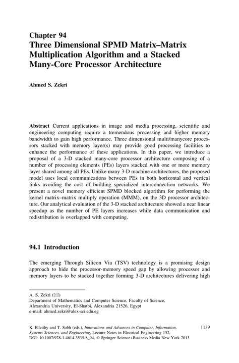 Pdf Three Dimensional Spmd Matrixmatrix Multiplication Algorithm And A Stacked Many Core