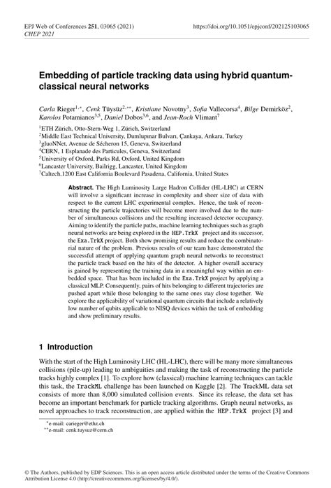 Pdf Embedding Of Particle Tracking Data Using Hybrid Quantum Classical Neural Networks