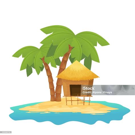 밀짚 지붕이있는 해변 오두막 이나 방갈로 흰색 배경에 고립 된 만화 스타일의 나무 대나무 오두막 작은 집 이국적인 물건 가정의 방에 대한 스톡 벡터 아트 및 기타 이미지