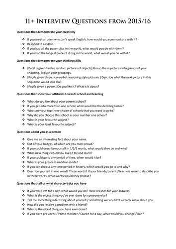 11 Plus Interview Questions Teaching Resources