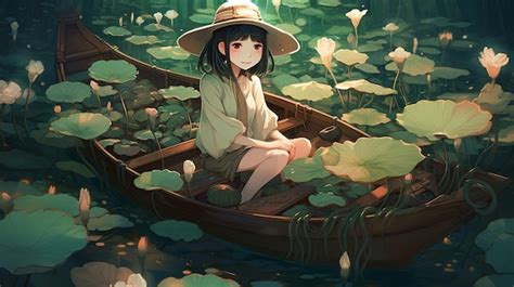 Premium Ai Image A Girl In A Boat With A Hat On