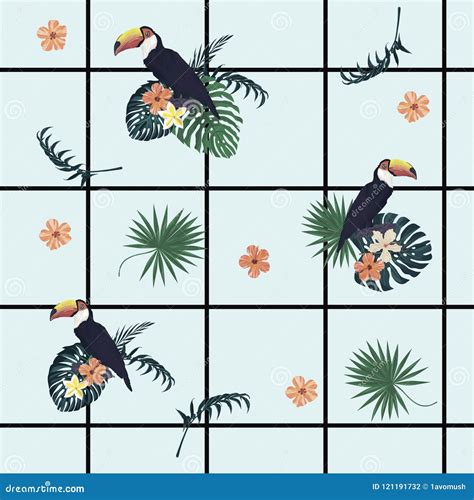 Seamless Vecor Exotic Geometrical Pattern With Cells Toucans Flowers Seamless Vecor Exotic Geometrical Pattern With Cells Toucans Flowers