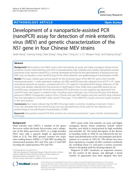 Pdf Development Of A Nanoparticle Assisted Pcr Nanopcr Assay For Detection Of Mink Enteritis