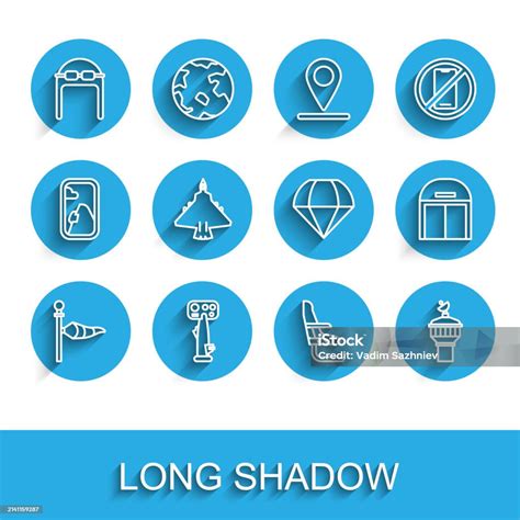 세트 라인 콘 기상학 Windsock 바람 바람개비 항공기 조타 장치 고글 비행기 좌석 레이더 제트 전투기 격납고 및 낙하산 아이콘과 비행사 모자 벡터 공항에 대한 스톡