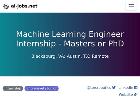 Hiring Internship Machine Learning Engineer Internship Masters Or
