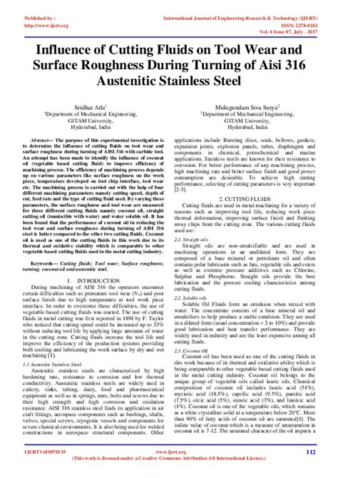 Pdf Influence Of Cutting Fluids On Tool Wear And Surface Roughness During Turning Of Aisi 316