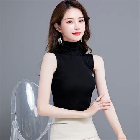 여성용 블랙 화이트 블루 터틀넥 탱크 탑 우아한 탱크 탑 티 오피스 슬림 베이직 탑 타이트한 여성 탱크 탑 1217 여름 Aliexpress