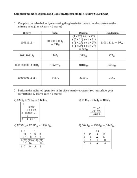 Computer Number Systems And Boolean Algebra Review Solutions Computer