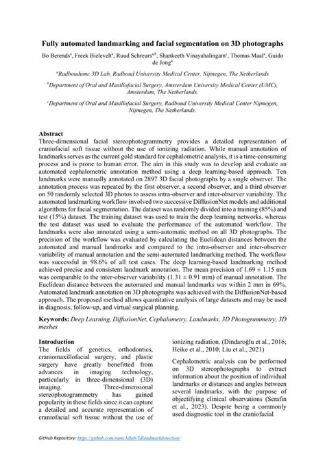 pdf fully automated landmarking and facial segmentation on 3d photographs