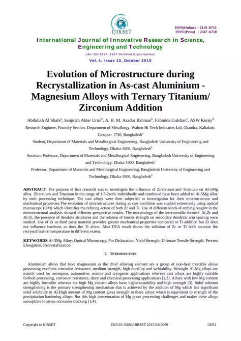 Pdf Evolution Of Microstructure During Recrystallization In As Cast Aluminium Magnesium