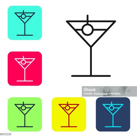 흰색 배경에 격리 된 블랙 라인 마티니 유리 아이콘 칵테일 아이콘 와인 유리 아이콘 색상 정사각형 단추로 아이콘을 설정합니다 벡터 일러스트레이션 건강한 생활방식에 대한 스톡