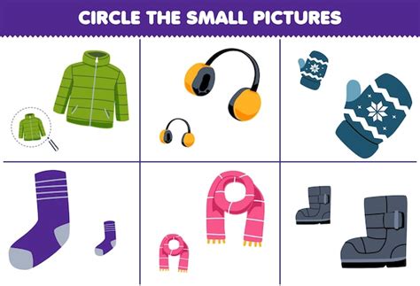 어린이를위한 교육 게임은 귀여운 만화 코트 귀마개 벙어리 장갑 양말 스카프 부팅 인쇄용 겨울 워크 시트의 작은 그림을 동그라미 프리미엄 벡터