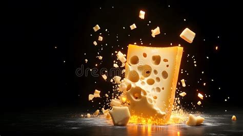 Vibrant Cheese Block Exploding With Glowing Particles Showcasing Texture And Detail Stock