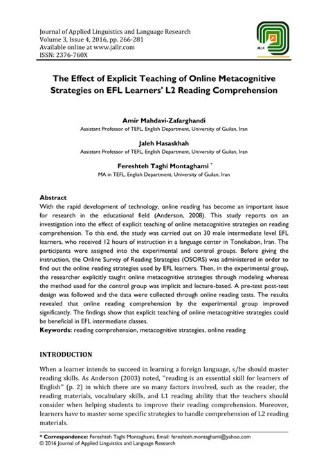Pdf The Effect Of Explicit Teaching Of Online Metacognitive Strategies On Efl Learners L2